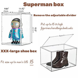 Attelite XX-Large Clear Stackable Plastic Storage Bins, 1 Pack Boot Shoe Box Organizers with an Adjustable Divider, Big Display Storage Box with Lids