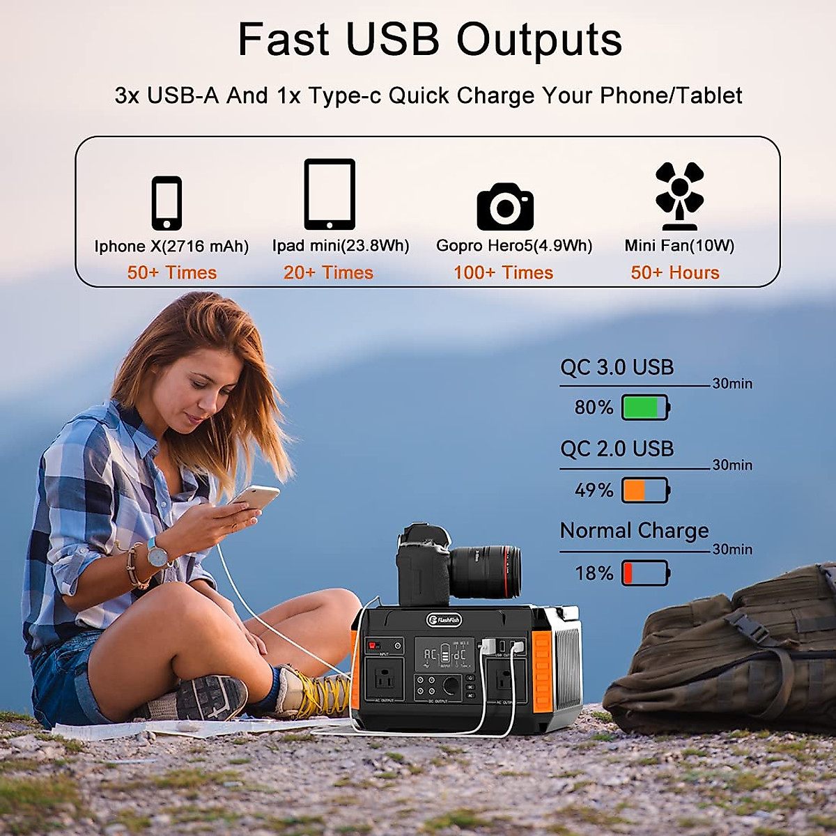 FF FLASHFISH 560W Portable Power Station, 520Wh/140400mAh Solar Generator With 2x110V/560W Surge 1100W AC Outlets, 5xDC Output and 4xUSB Outputs, Backup Power CAPA Battery For Camping/Home/Blackout