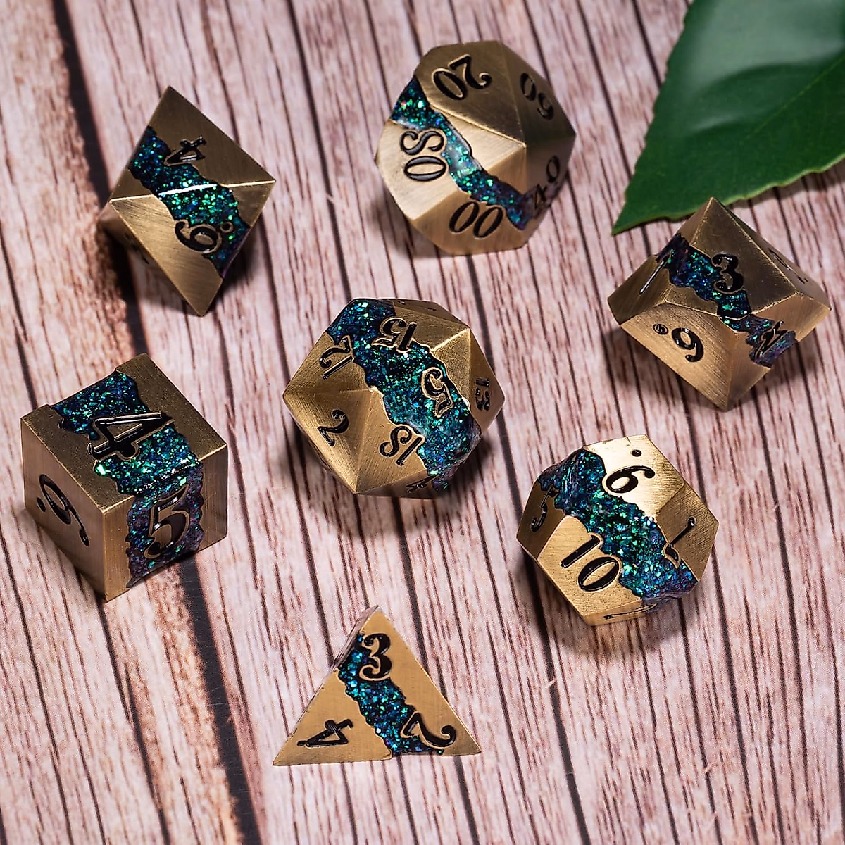 Maywin Metal RPG Dice Set,Mica Glitter Stripe Dice DND,Antique Bronze Dice 7pcs Set for Dungeons and Dragons