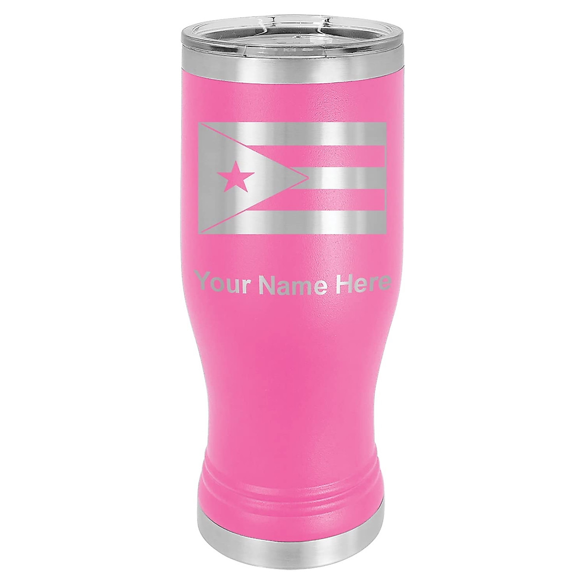 LaserGram 14oz Vacuum Insulated Pilsner Mug, Flag of Puerto Rico, Personalized Engraving Included (Pink)