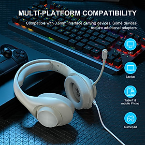 Gaming Headset for PS5 PS4 PC, Wired Headsets with 7.1 Surround Sound, H-7 Gaming Over Ear Headphones with Noise Cancelling Flexible Mic Memory Earmuffs, for PC/PS5/PS4/XboxSeries X/S/Switch (White)