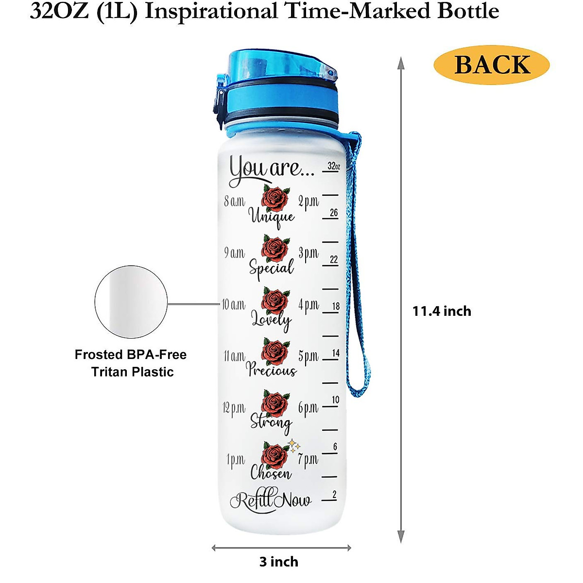 64HYDRO 32oz 1Liter Motivational Water Bottle with Time Marker & Removable Strainer Flip Top Leakproof Durable BPA Free Non-Toxic for Home Work Gym Fitness Sports - Beauty Once Upon A Time Rose