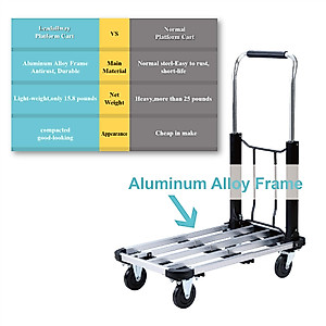 LEADALLWAY Foldable Push Cart Aluminum Alloy Platform Cart with 4-Wheel,Adjustable Length,330-LB Capacity(with 2 Ropes)