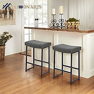 MAISON ARTS Grey Bar Stools Set of 2 Counter Height 24 Inches Saddle Stools for Kitchen Counter Backless Modern Barstools Upholstered Faux Leather Stools Farmhouse Island Chairs, Grey, 2pcs