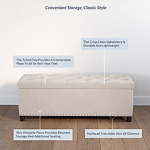 BELLEZE 47 Inch Storage Ottoman, Button-Tufted Ottoman Linen Storage Bench with Safety Close Hinge, Ottoman with Storage for Living Room, Entryway, Hallway, Foot Rest, Support 300lbs - Beige