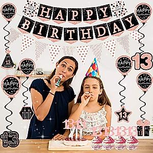 13th Birthday Decorations for Girls - (76pack) Rose Gold Party Banner, Pennant, Hanging Swirl, Birthday Balloons, Foil Backdrops, Cupcake Topper, Plates, Photo Props,Sash,13th Birthday Gifts