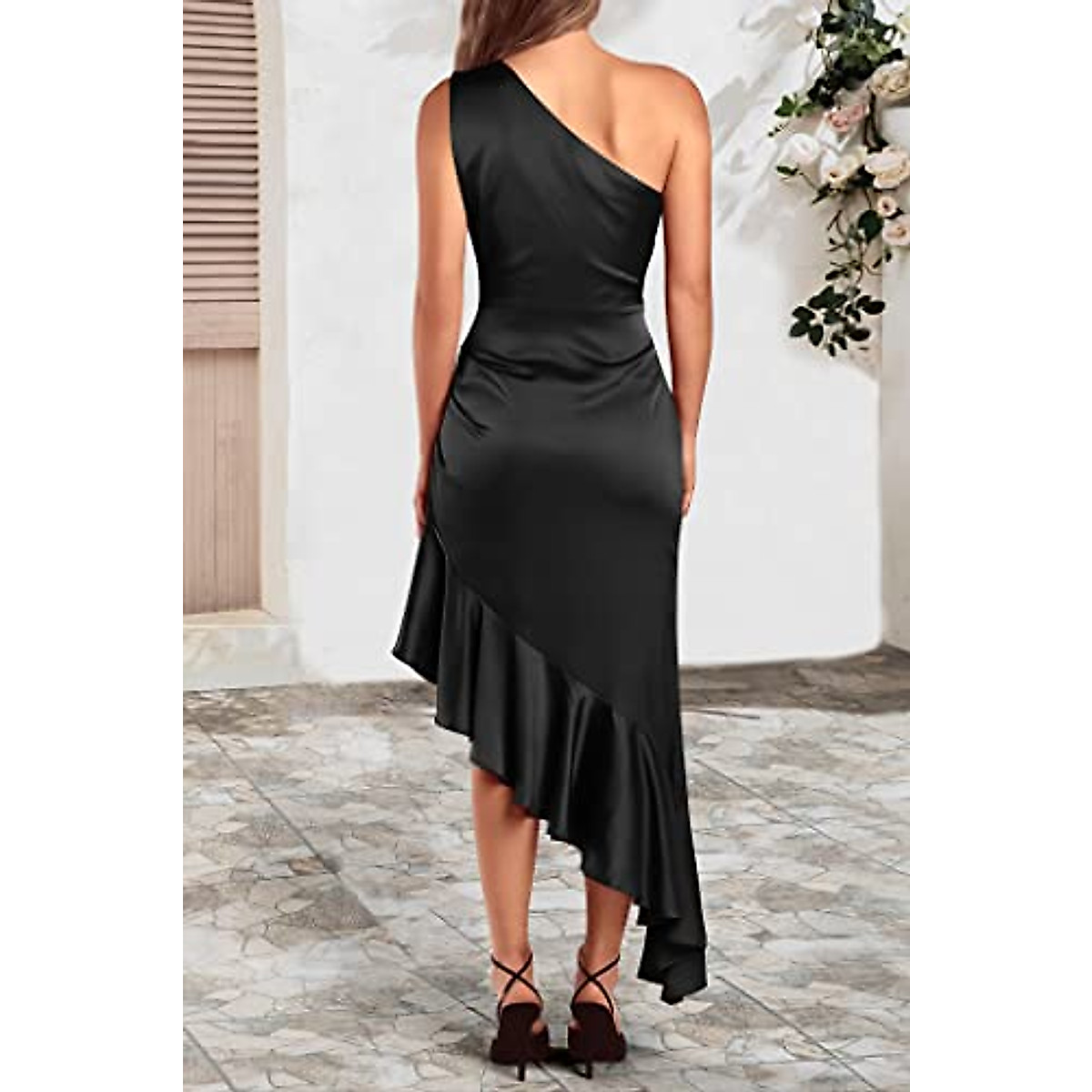 PRETTYGARDEN Women's 2023 Casual Summer Dress One Shoulder Sleeveless Ruffle Hem Wedding Guest Ruched Bodycon Maxi Dresses (Black,Medium)