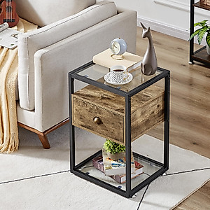 VECELO End Table, Modern Nightstand with Drawer, Night Stand Set of 2 for Bedroom Living Room,Tempered Glass, 23.6" Height, Grey