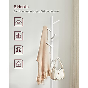 VASAGLE Solid Wood Coat Rack, Free Standing Coat Rack, Tree-Shaped Coat Rack with 8 Hooks, 3 Height Options, for Clothes, Hats, Bags, for Living Room, Bedroom, Home Office, White URCR04WT