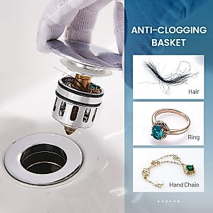 Vessel Sink Drain,Bathroom Pop-up Drain With Detachable Basket Stopper, Anti-Explosion And Anti-Clogging Drain Strainer, Sink Drain Assembly With Overflow Polished Chrome, REGALMIX RWF083H