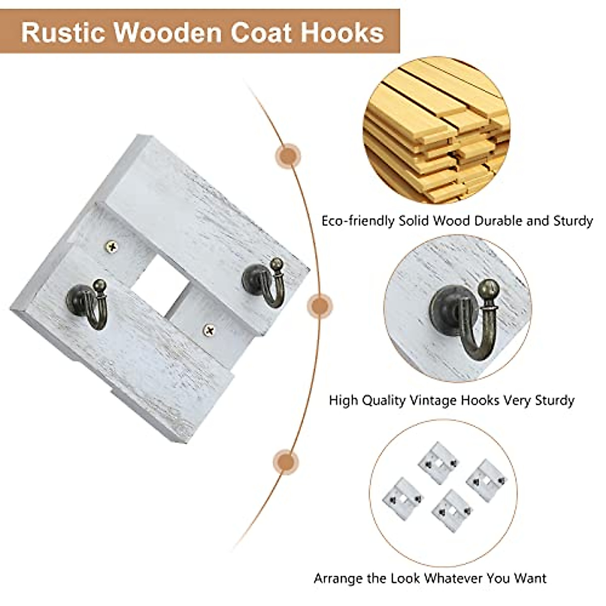 SLLPL Wooden Key Holder Wall Mounted - Coat Hooks for Wall, 4 Pack Wood Wall Hooks for Hanging, Rustic Key Hanger with Hooks for Keys, Coats, Bag, Leash, Key Rack for Entryway, Office, White