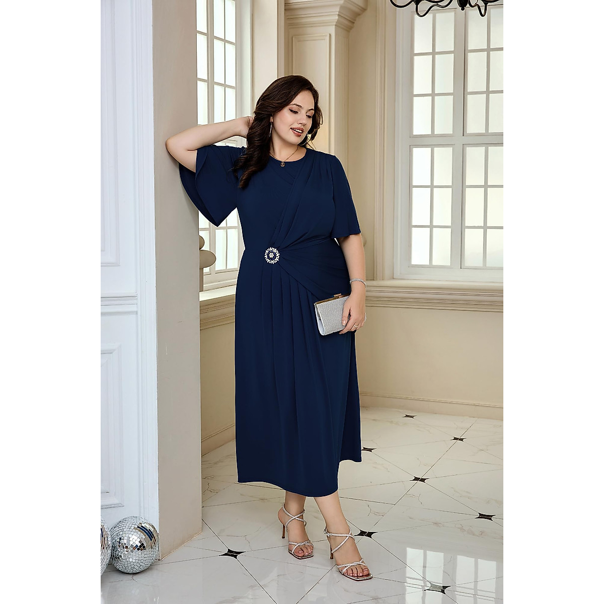 Hanna Nikole Wedding Guest Dress with Sleeves Fall Maxi Dress Summer Navy Blue Dress 18W