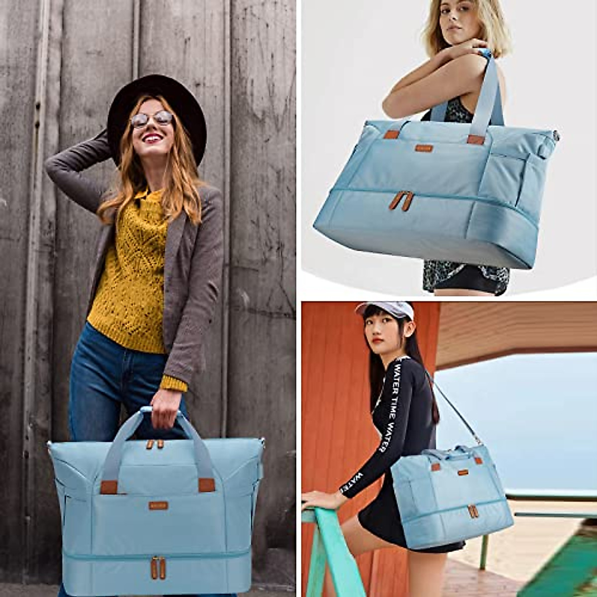 BAGODI Gym Bag for Women, Weekender Overnight Bag with USB Charging Port, Sport Travel Duffel Bag with Wet Pocket & Shoe Compartment, Carry on Tote Bag for Travel/Gym/School 5 Pcs Set