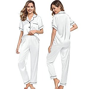 SWOMOG Women Satin Pjs Short Sleeve Silk Two-Piece- Sleepwear Classic Button-Down Casual Loose Pajama Set for Women White