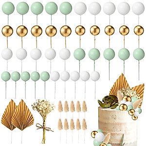 53 Pcs Boho Cake Topper Mini Balls Cake Toppers Foam Balloon Cake Toppers Palm Leaves Artificial Dried Flower Cake Toppers for Baby Shower Birthday Wedding Cake Decoration (Gold)