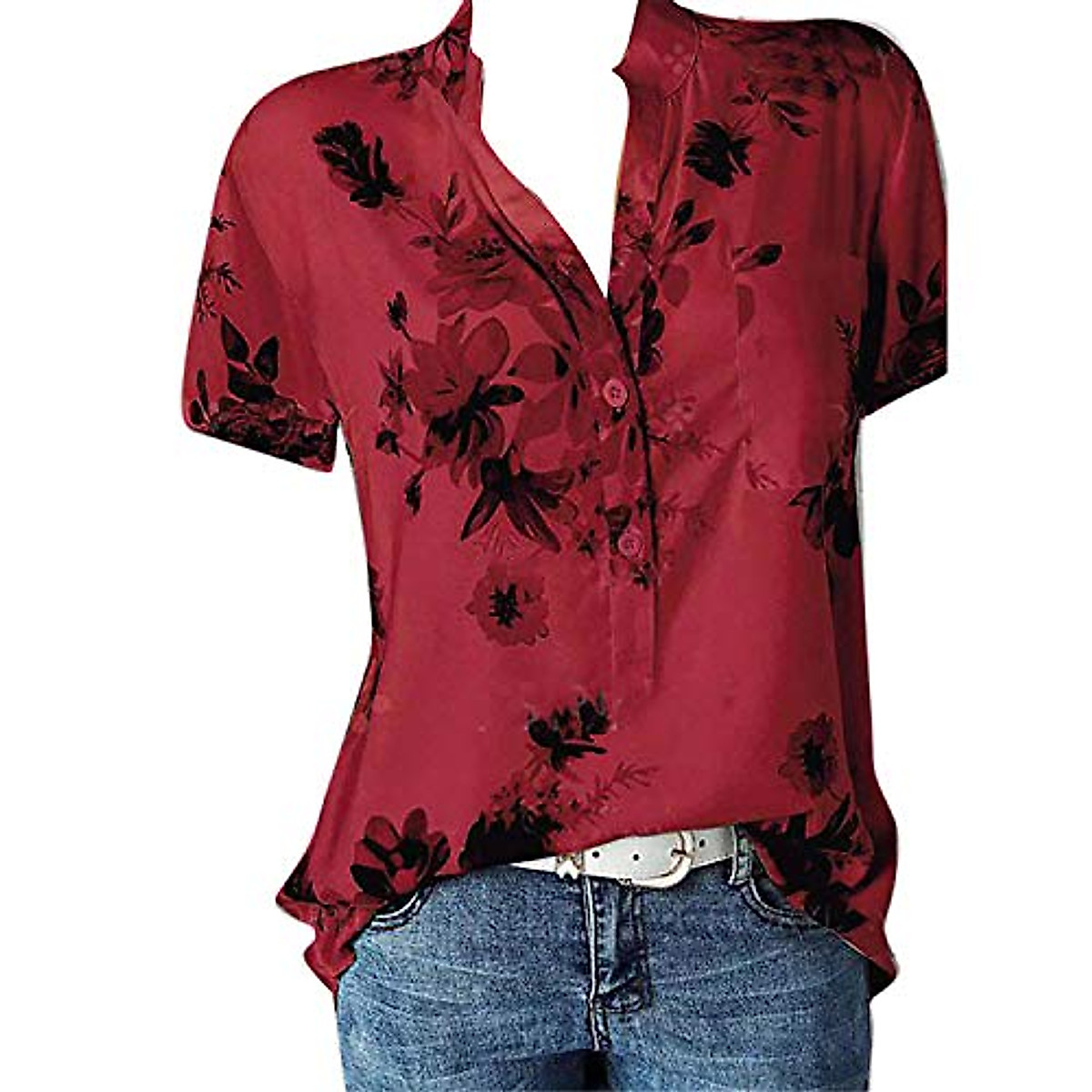 Andongnywell Women's Casual Printed V-Neck Shirt Floral Print V Neck Short Sleeve Shirts Tops Loose Blouses (Red,3,Large)
