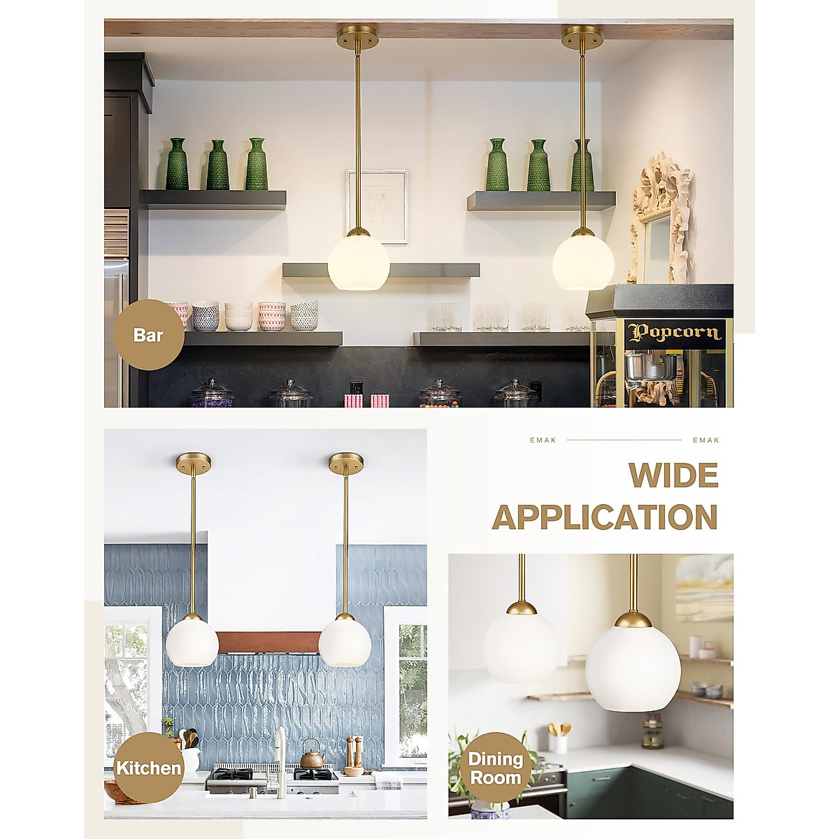 Emak 7 Inch Globe Pendant Lights, Modern Gold Pendant Light Fixtures, 1 Light Hanging Lights with Milk Glass Shade for Kitchen Island, Bathroom, Dining Room, Bedroom, PL119-GD-ML