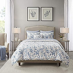Madison Park Essentials Cozy Bed in a Bag Reversible Comforter with Complete Sheet Set - Modern Botanical Print All Season Cover, Shams, Decorative Pillow, King(104"x92"), Blue 8 Piece