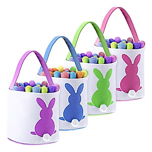 Blulu 4 Pieces Easter Bunny Basket Bags Canvas Gift Basket with Fluffy Tail for Kids Party Decoration and Daily Use