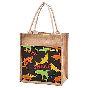 Jute Burlap Tote Bag Hippie Rainbow Shark Letter Ocean Sea Beach Cartoon Large Capacity Reusable Grocery Shopping Storage Bag