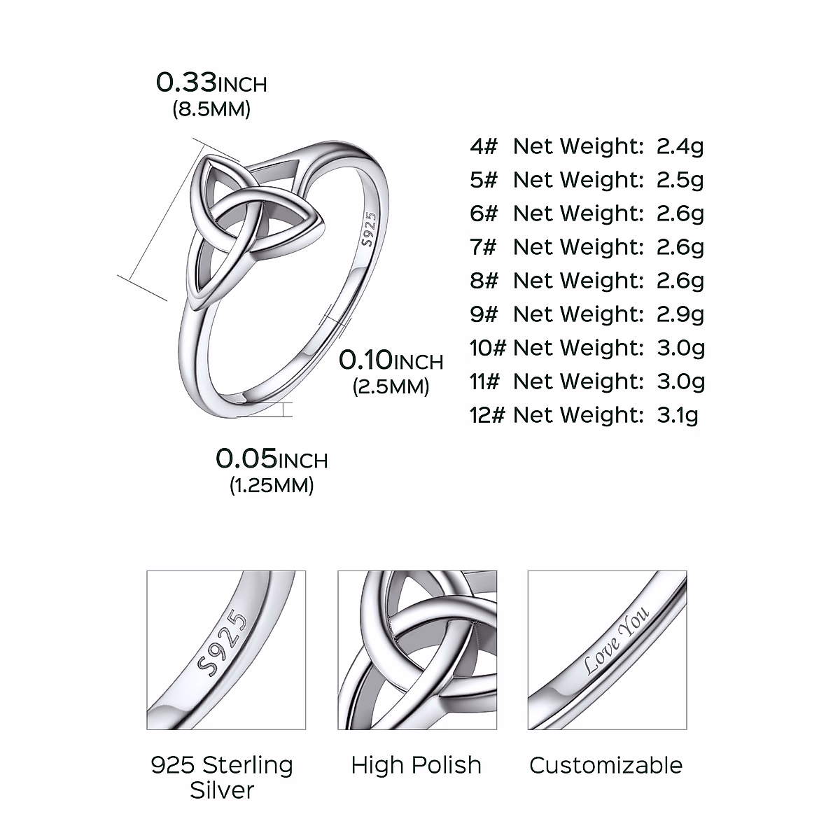 ChicSilver 925 Sterling Silver Ring for Women Triquetra Celtic Knot Promise Ring Simple Classic Irish Eternity Wedding Band Size 7