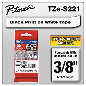 Brother P-Touch Tzes221 Tze Extra-Strength Adhesive Laminated Labeling Tape, 3/8-Inch W, Black On White