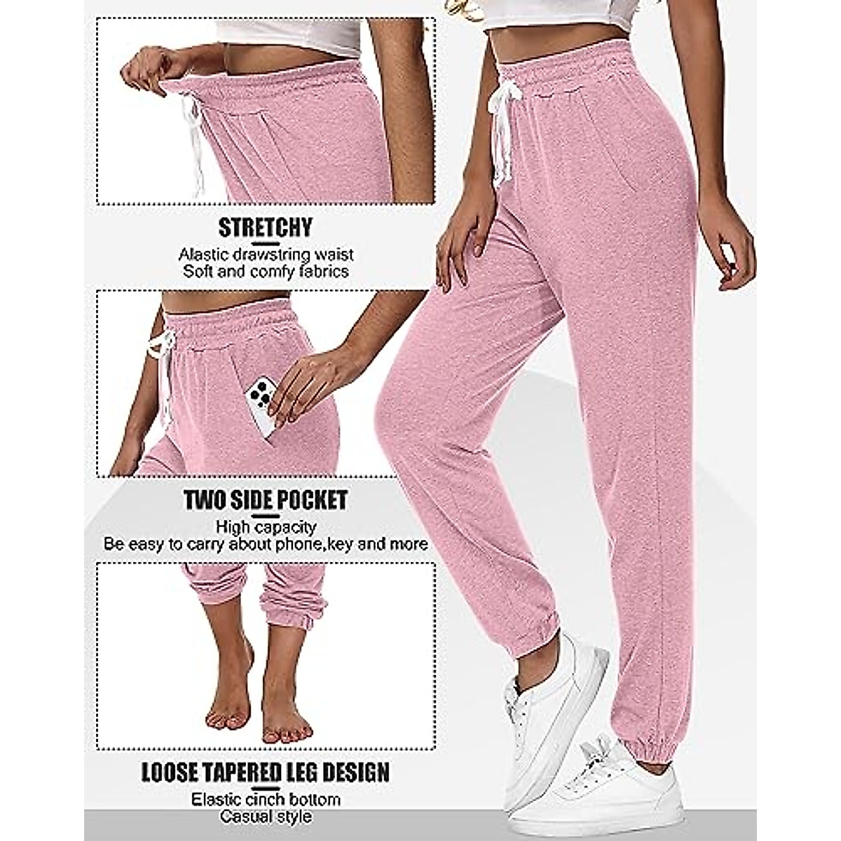 Ficerd 3 Pcs Women's Joggers Pants Casual Soft Sweatpants Lounge Pants High Waisted Athletic Joggers with Pockets (Black, Dark Gray, Pink,Small)