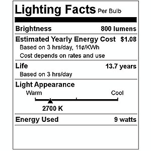 OIRES 60W Equivalent LED Light Bulb 800 Lumens A19 Shape Bulbs 2700K Warm White Non-Dimmable UL Listed 9 Watt E26 Base Suitable for use in Enclosed Fixtures & Damp Locations - 6 Pack