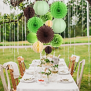 12Pcs Green and Brown Party Decorations Paper Tissue Pom Poms Honeycomb Balls Paper Fans Hanging Deco Green Lanterns for Jungle Safari Summer Birthday Wedding Party
