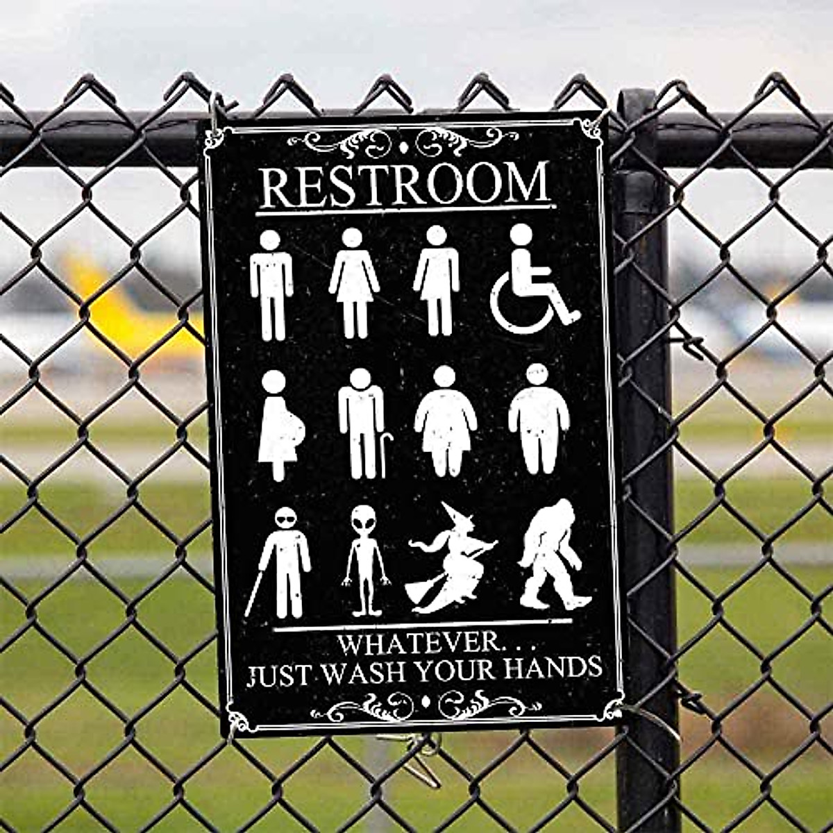 Garnamy Funny Restroom Sign Just Wash Your Hands Vintage Metal Signs Inclusive Bathroom Door Gender Sign for Toilet Home Hotel Wall Decor 8 x12 Inch, Black