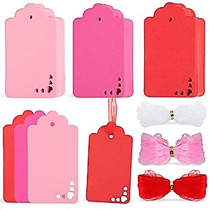 Koogel 120PCS Pink Gift Tags, Pink Heart Paper Tags Hollow Out Hanging Label with Organza Ribbons for Valentine's Day Wedding Party Gift Wrapping DIY Crafts Decoration