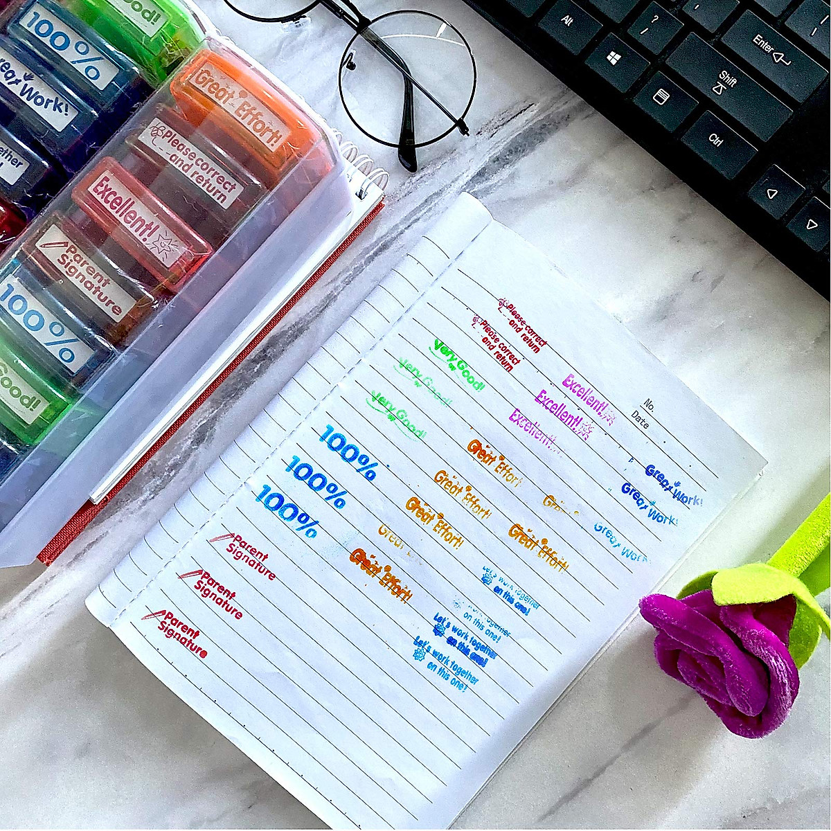 Bertiveny Teacher Stamps for Grading Classroom，Parent Signature Teacher Self-Inking Stamp Set Stamps for Homework Teacher Supplies with 8 pcs