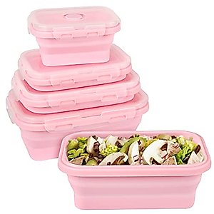 Keweis Silicone Food Storage Containers with Lids, Collapsible Silicone Lunch Box Bento Boxes, Meal Prep Container for Kitchen, BPA Free, Microwave Freezer and Dishwasher Safe, Set of 4 - Square Pink