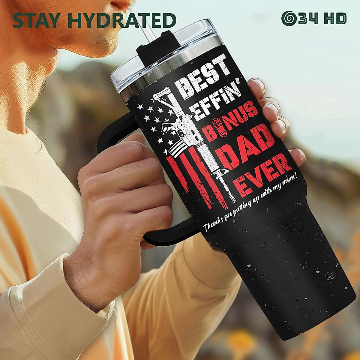34HD Best Bonus Dad Tumbler with Handle & Straw, 40oz Vacuum Insulated Stepdad Cup with Nutrition Facts, Birthday Christmas Father Day Gifts for Adopted Stepup Dad Chosen Papa Stepfather