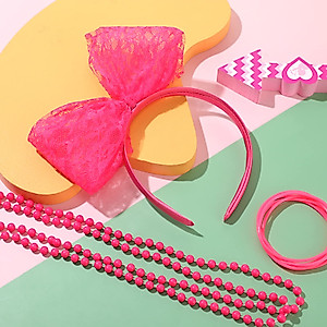 Xinnun 80s Neon Lace Bow Headband 80s Halloween Costume Accessories Knot Head Wrap Pink 1980 Cosplay Hairband for Party Women