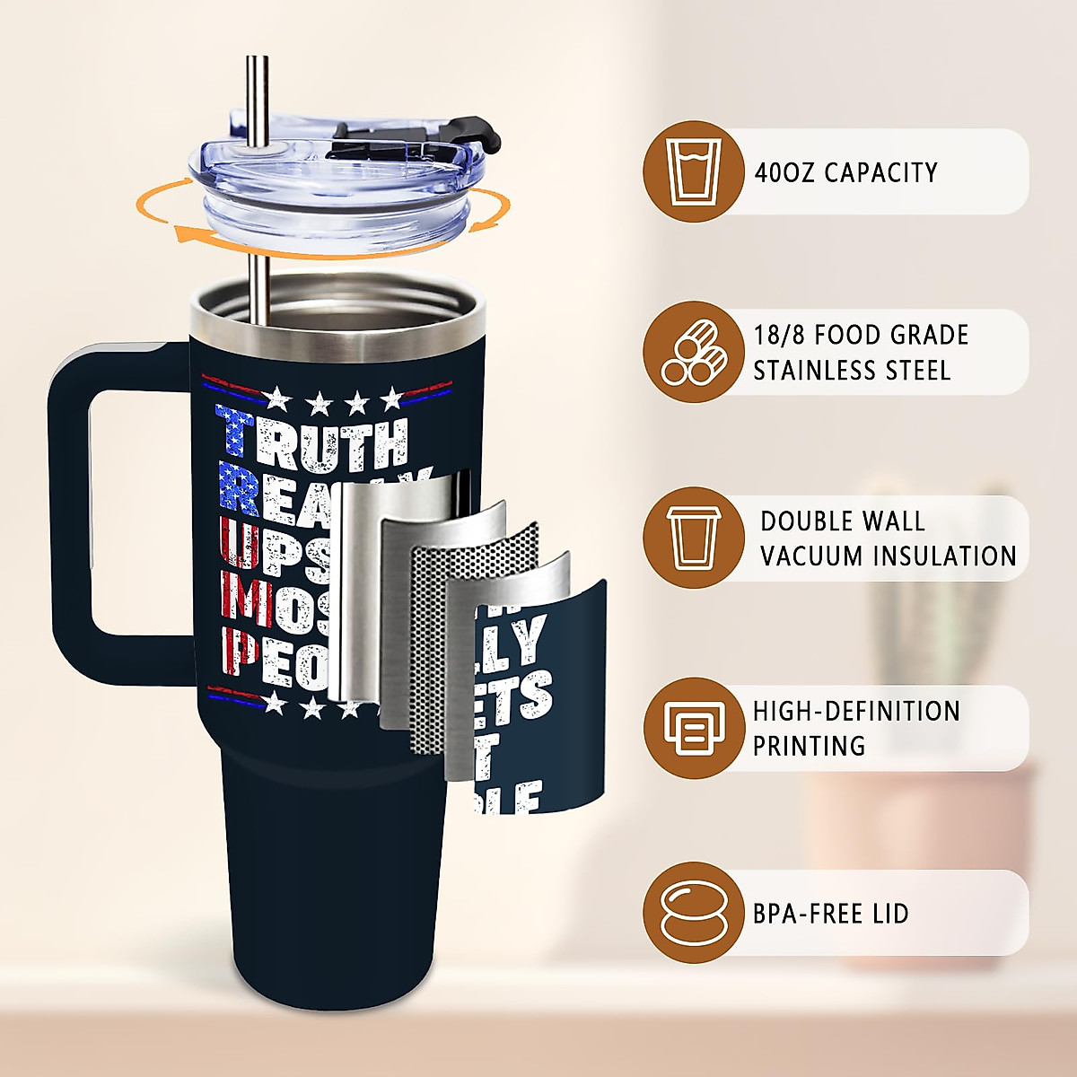 DUUV 40 Oz Tumbler, Truth Really Upsets Most People Quote, Stainless Steel Insulated Mug with American Flag, Gift for Patriotic Americans