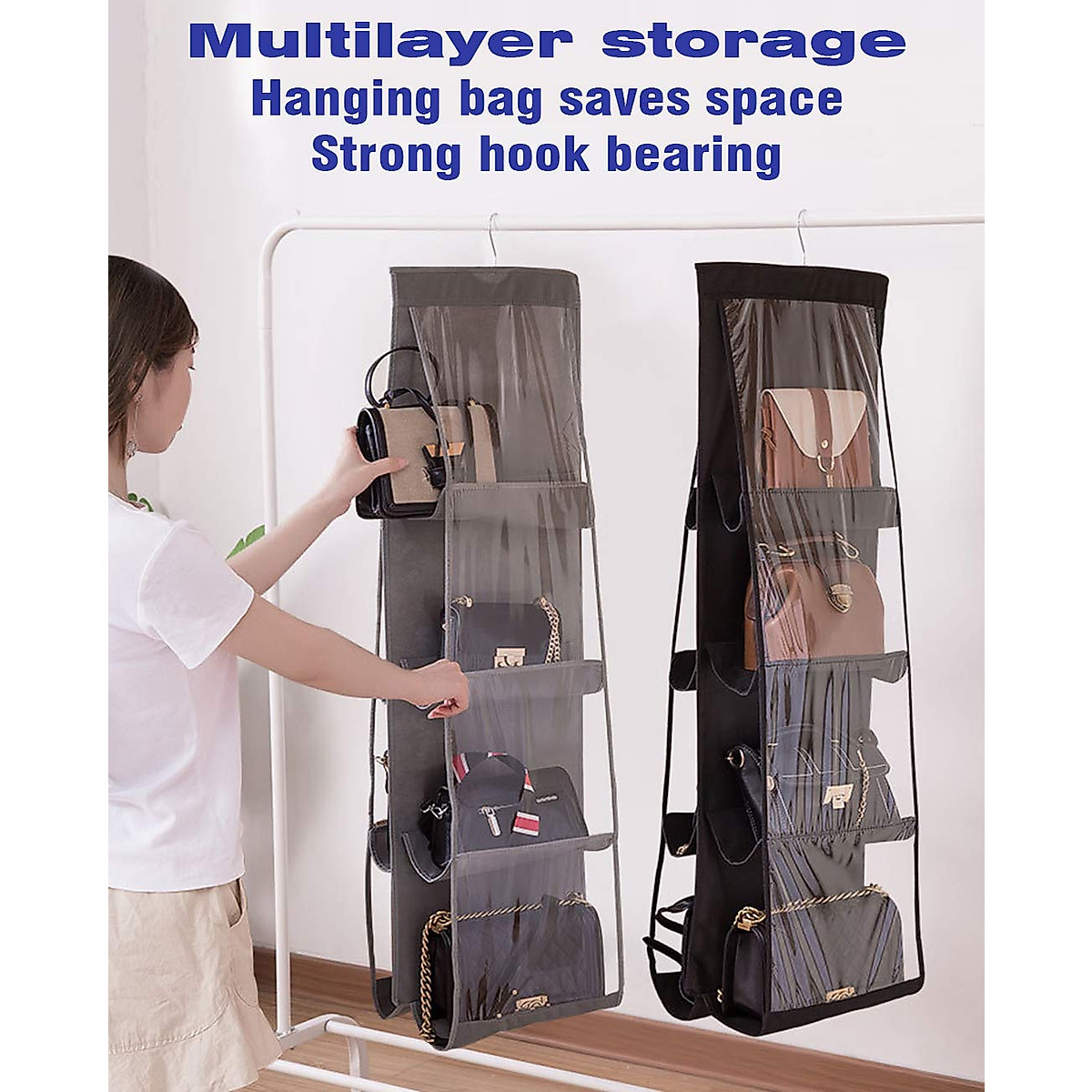 AARAINBOW 2 Packs Hanging Handbag Purse Organizer, Purse Bag Organizer Storage Hanging Bag Organizer for Closet Rack for Purses 8 Pockets Wardrobe Closet Space Saving, 41L*13.5W (B, 2 Black)