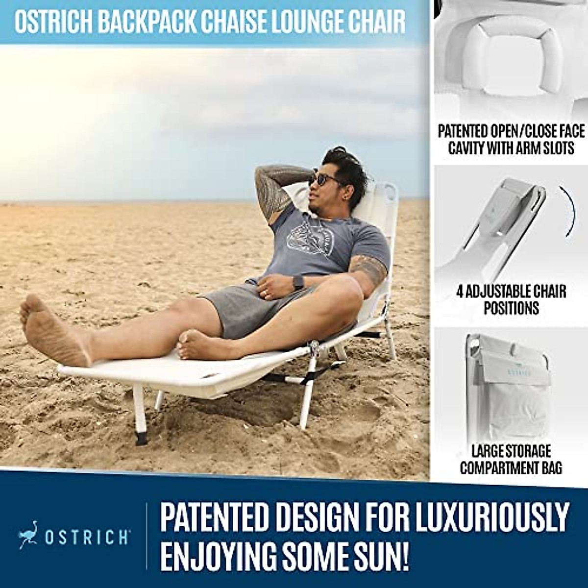 Ostrich Outdoor Folding Adjustable Recliner Chaise Lounge Chair for Beaches, Lakes, and Backyard Pools with Backpack Carrying Straps & Storage Bag