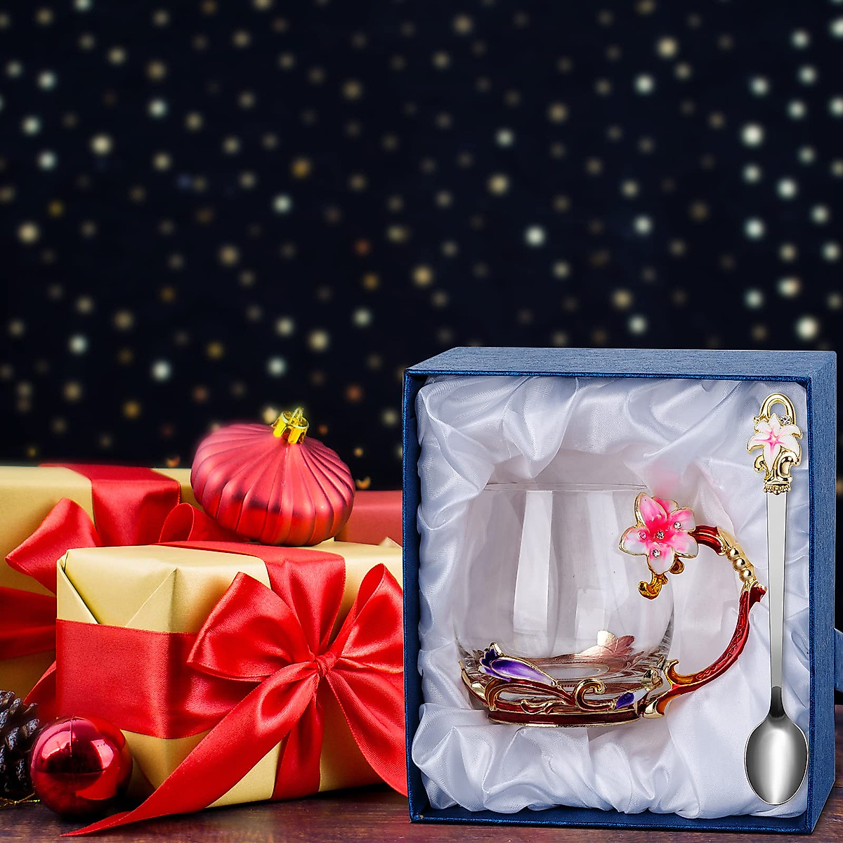 SHEEYEE Tea Cup Birthday Gift for Mom Glass Enamel Lily Flower Tea set with Spoon Gift for Her Women for Mother's Day