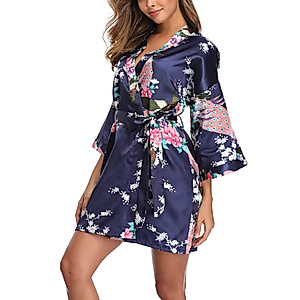 UrHot Women's Floral Kimono Satin Short Robe Peacock and Blossom Soft Bathrobe for Wedding Party Getting Ready