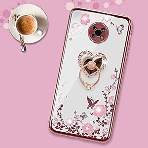 B-wishy Nokia G300 5G Glitter Case - Slim Butterfly Floral TPU, Luxury Bling Diamond, Ring Stand + Strap (Rose Gold)