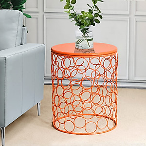 Adeco Home Garden Accents Circle Wired Round Iron Metal Nesting Stool Side End Table Plant Stand, Bubble Pattern, Orange Red, Set of Two