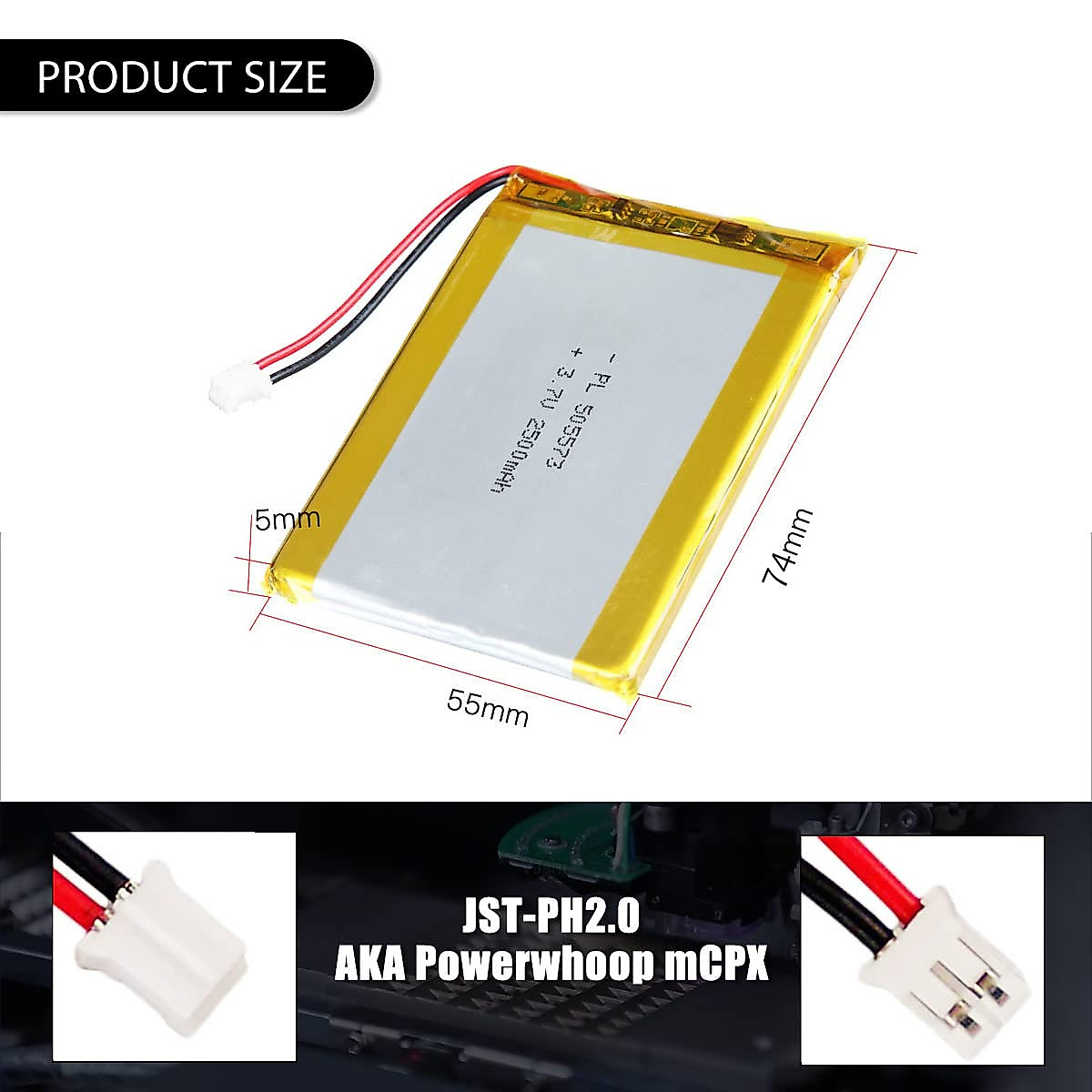 YDL 3.7V 2500mAh 505573 Lipo Battery Rechargeable Lithium Polymer ion Battery Pack with PH2.0mm JST Connector