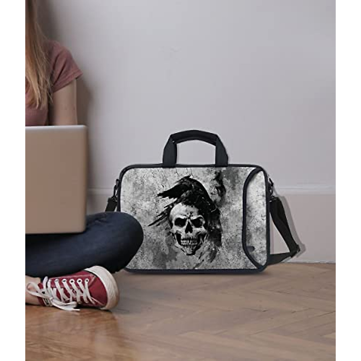 WIRESTER 15 inch Laptop Tablet Sleeve Shoulder Bag Carrying Case with Adjustable Strap Compatible with Asus Dell Lenovo HP Sony Acer - Gray Skull Raven