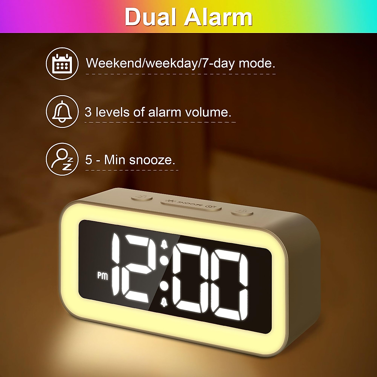 Colorful Nightlight LED Digital Alarm Clock with Super Loud Dual alarm, Weekday mode, Snooze, Dimmer, USB Charging Port for Livingroom, Bedroom, Bedside, Heavy Sleeper, Adult, Kid, Teens, gift, Silver