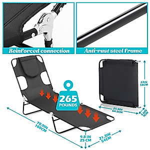 Beeveer 4 Pack Folding Beach Lounger Sunbathing Chair Heavy Duty Tanning Chair with Face Hole Adjustable 5 Position Folding Chairs, Backpack Straps for Patio Pool Lawn Deck (Black, Black)