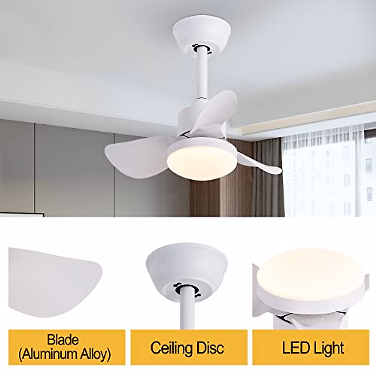EMIKIRII Ceiling Fan with Lights and Remote,21'' Small Modern Ceiling Fan,Smart APP Control,Dimmable Metal Blades Flush Mount Quiet Mini Ceiling Fans Lights for Kitchen Dining Room Bedroom