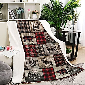 Wolf Bear and Deer Throw Blanket Rustic Cabin Decor Woodland Blanket Plaid Christmas Blanket Gifts for Women Southwestern Farmhouse Decor for Couch Bed Livingroom