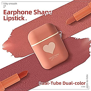 LAMUSELAND Matte Lipstick, 2Pc/Set Waterproof Long Lasting Moisturizing Lip Stain Earphone Dual-color Lip Gloss Primer, Non-stick Cup Lip Make Up Gift Kit for Girls (Red)