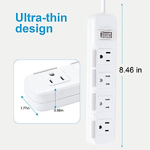 Flat Plug Power Strip, Surge Protector with 6 Ft Extension Cord, 4 Outlets, 15A ,125V, 1875W,300 J, Wall Mounted Power Strip for Home, Office, White